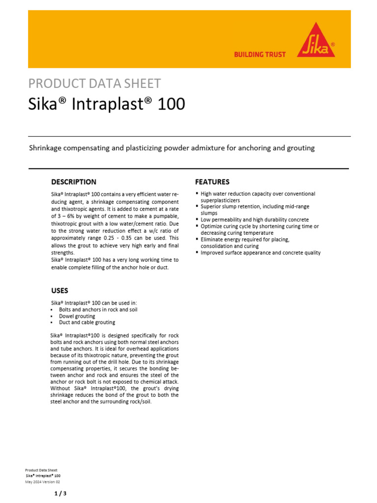 PDS - Sika® Intraplast® 100 v02 | PDF | Concrete | Materials