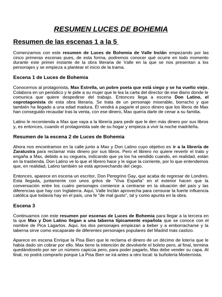 Resumen de las primeras 10 escenas de Luces de Bohemia | PDF