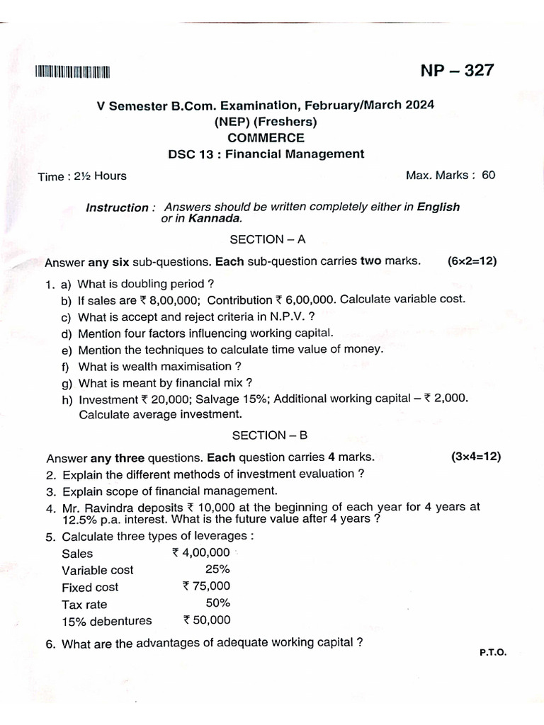 Financial Management 2024 NEP Question Paper | PDF