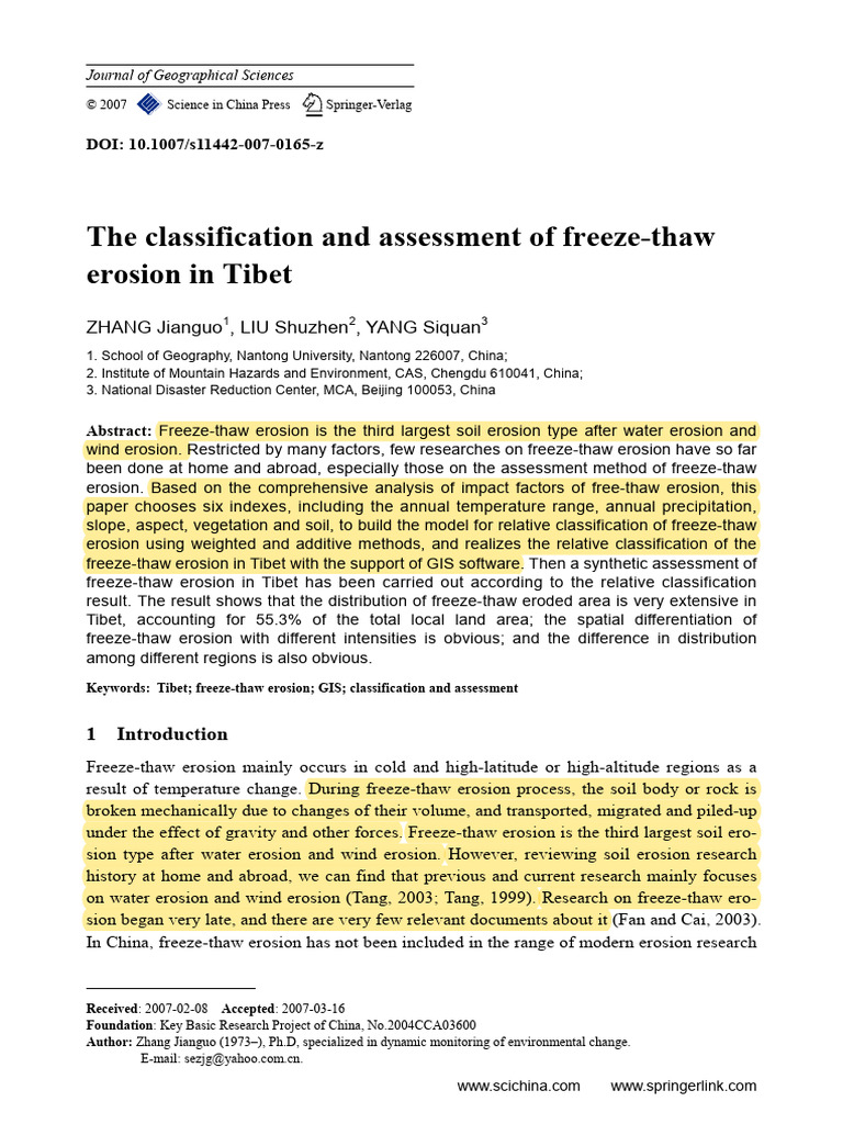 2007 Zhang The Classification and Assessment of Freeze-Thaw Erosion in Tibet - POBRE | PDF ...