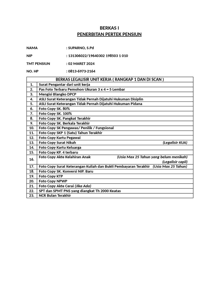 Berkas Pensiun Suparno | PDF
