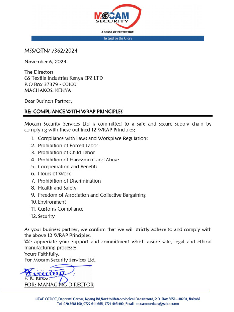 Compliance With Wrap Principles - GS Textile Industries Kenya EPZ | PDF