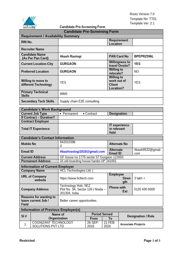 New Candidate Pre-Screeing Form | PDF