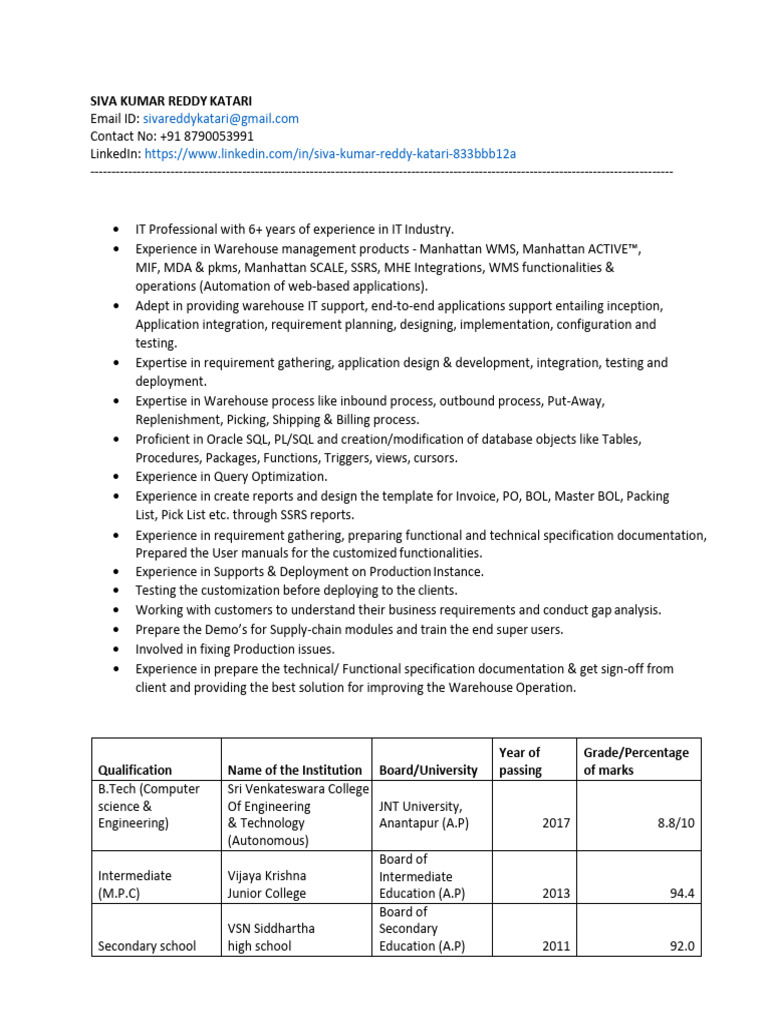 Siva Kumar Reddy Katari - 6 Years-Chennai | PDF | Sql | Pl/Sql