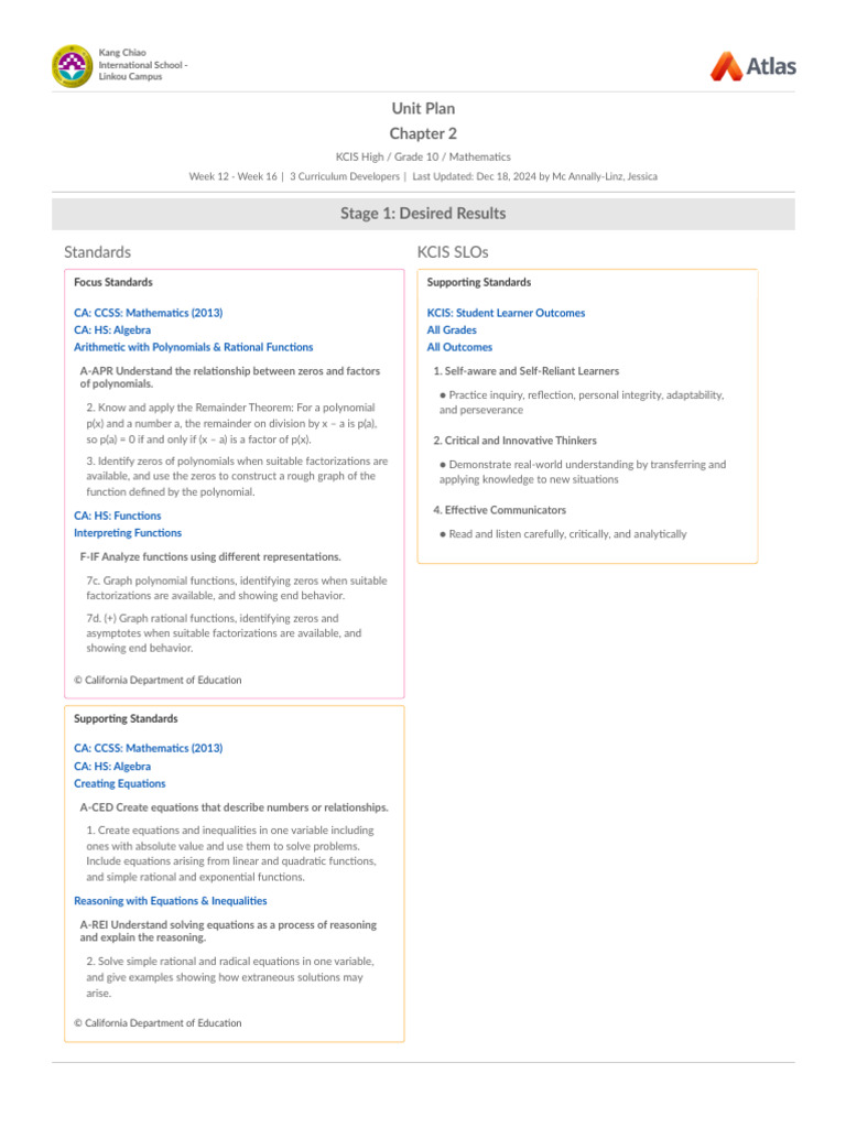 Pre-Calcuslus Unit 2 Plan | PDF | Equations | Polynomial
