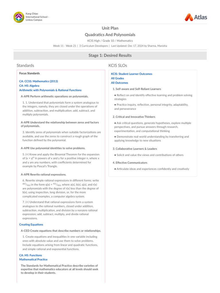 Quadratics and Polynomials Unit Plan | PDF | Quadratic Equation ...