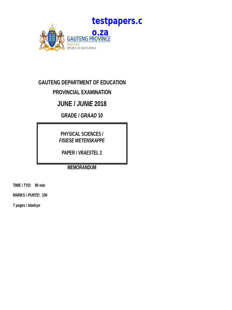 Gr10 Phy P2 (English and Afrikaans) June 2018 Possible Answer | PDF