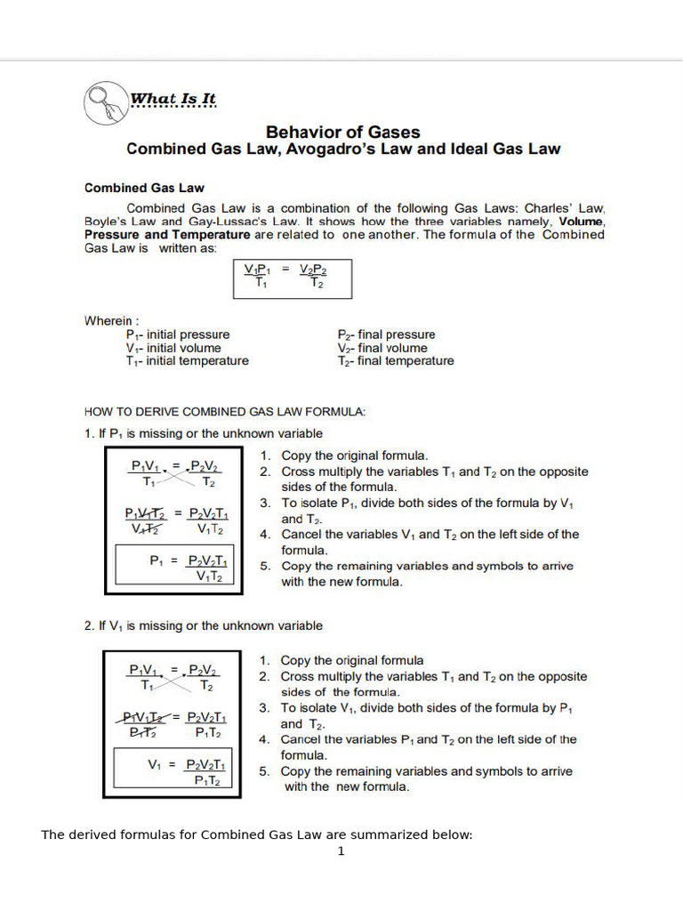 Behavior of Gases (Combined, Avogadro, ideal) | PDF