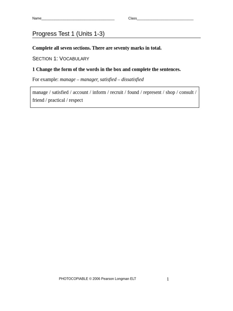 Progress Test 1: Vocabulary & Language Skills | PDF