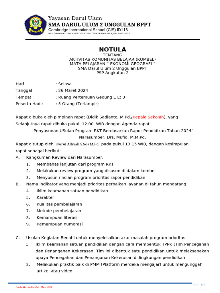 26 Mar - Notulen Rapor PEndidikan Part 2 - KomBel - EKONOMI GEOGRAFI | PDF
