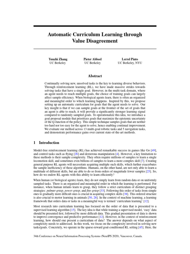 Automatic Curriculum Learning Through Value Disagreement | PDF | Machine Learning | Learning