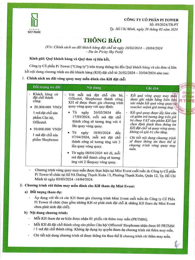 TB 03 - Chinh Sach Uu Dai KH Dat Cho Tu Ngay 26.02.2024 - 20.04.2024 | PDF