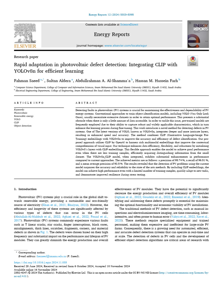 Rapid Adaptation In Photovoltaic Defect Detection Integrating Clip With Yolov8n For Efficient