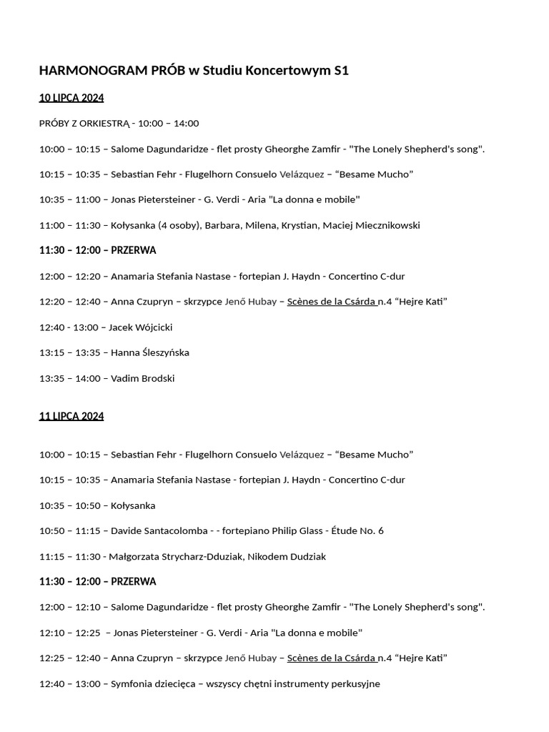 HARMONOGRAM PRÓB 10-11 LIPCA aktualny | PDF