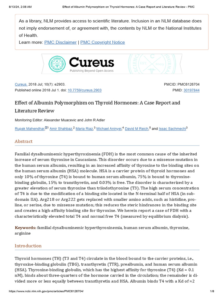 Effect of Albumin Polymorphism on Thyroid Hormones_ A Case Report and Literature Review - PMC ...