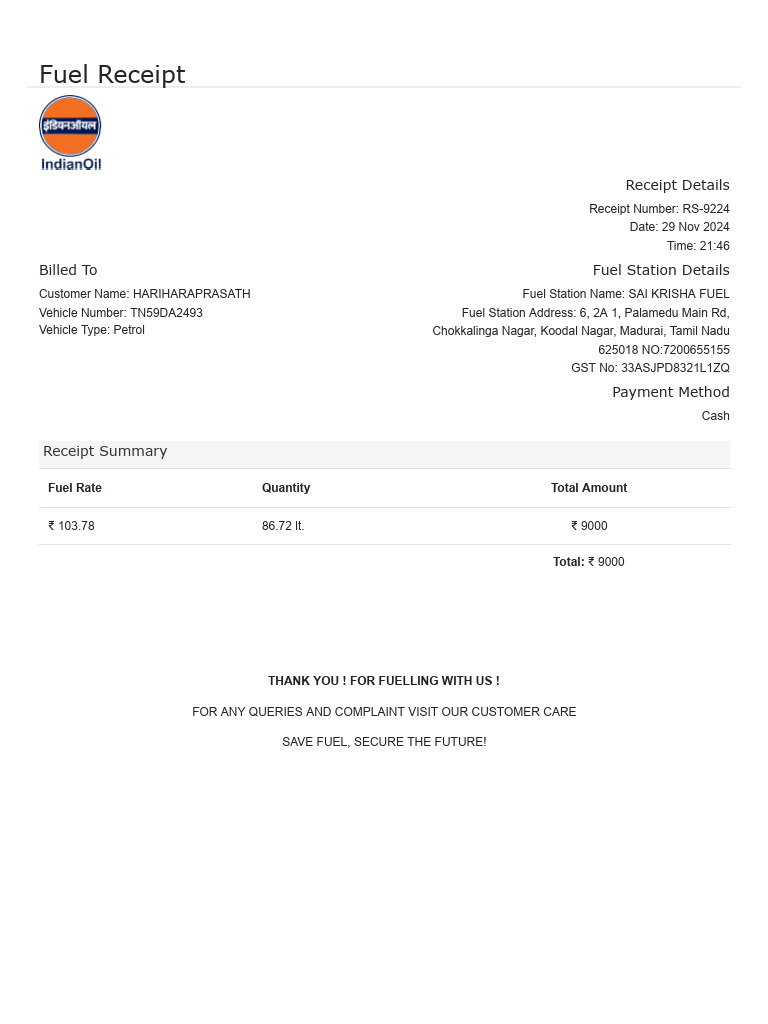 Fuel Receipt for HARIHARAPRASATH | PDF