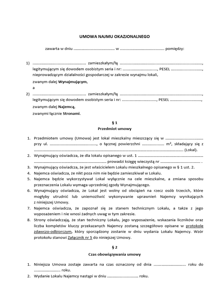 Umowa Najem Okazjonalny Do Druku I Uzupelnienia Recznie | PDF