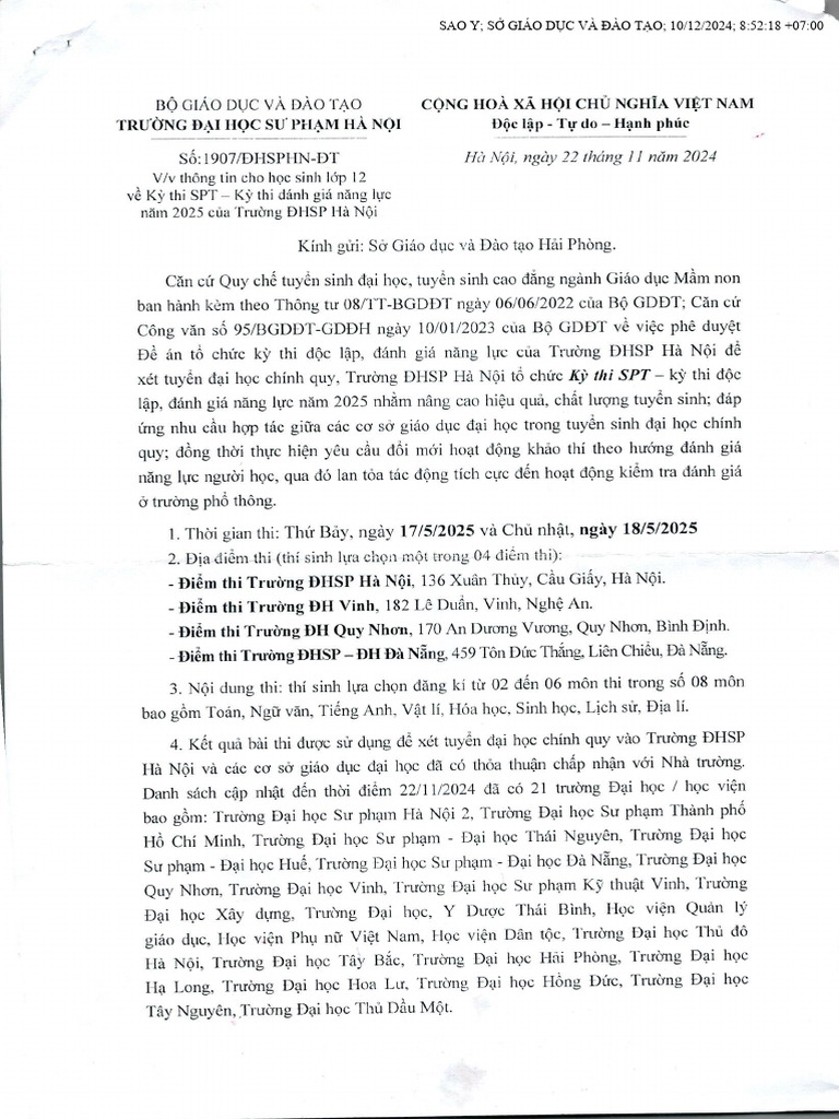 Thong Bao Ky Thi DGNL DHSPHN 2025 | PDF