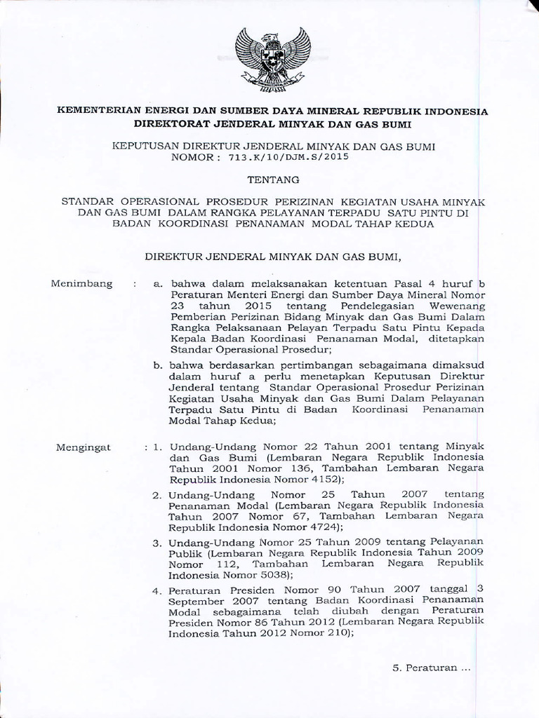 SOP Pendelegasian Perizinan Migas Ke PTSP BKPM Tahap 2 (Subdit Penyimpanan) | PDF