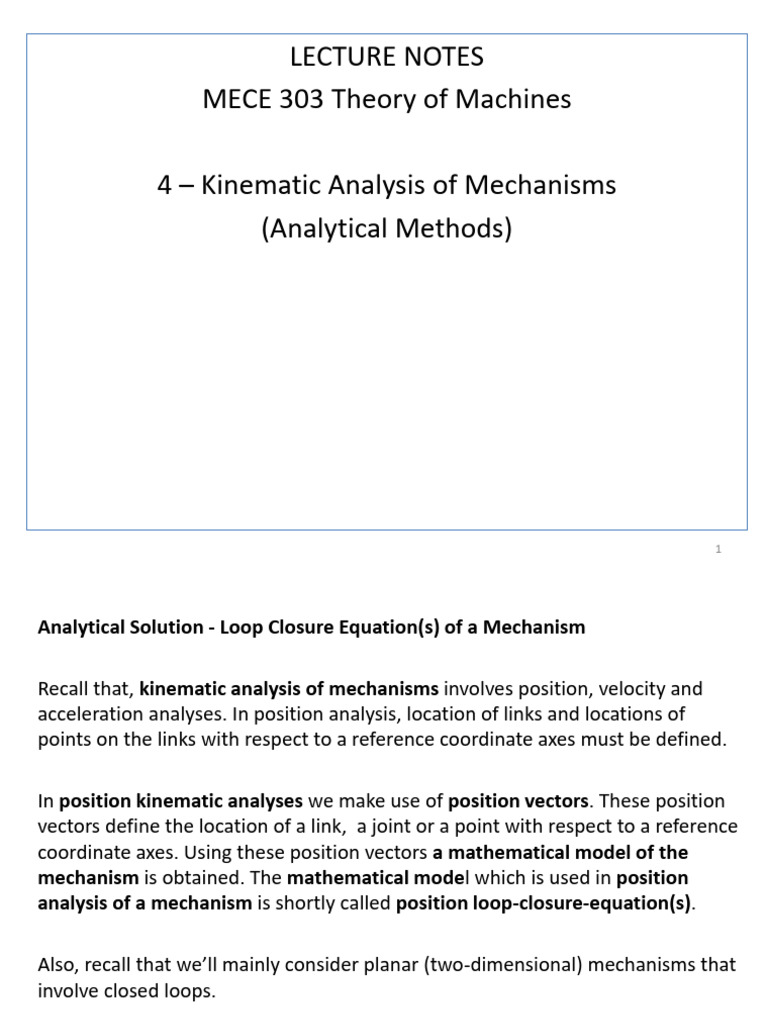 MECE - 303 - Lecture4 - Kinematic Analysis of Mechanisms (Analytical Methods) | PDF | Kinematics ...