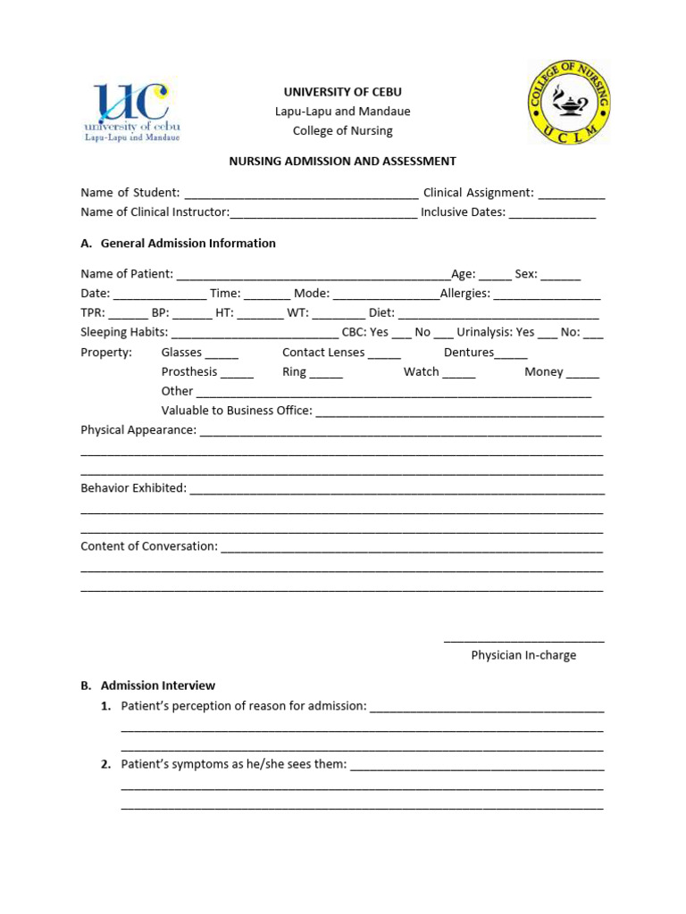 Nursing Admission and Assessment Form | PDF | Senses | Clinical Medicine