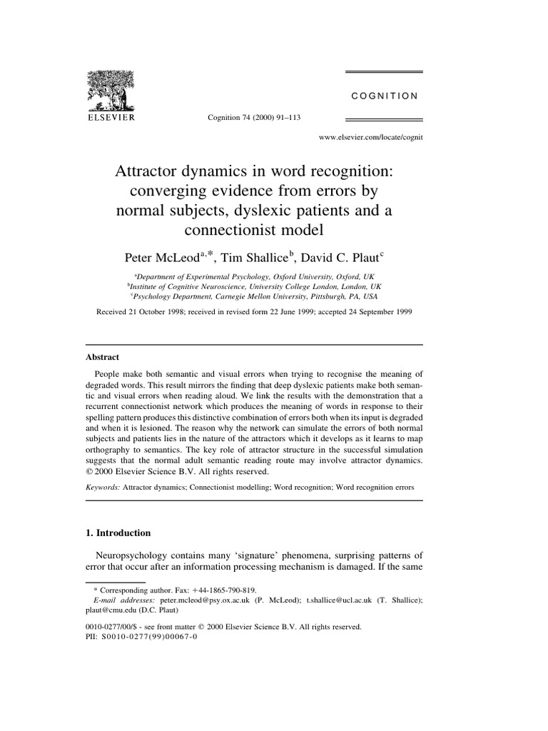 Mcleod Cognition00 Attractor Dynamics Wordrec | PDF | Dyslexia | Cognitive Science