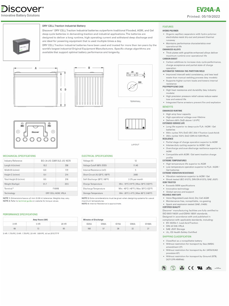 Bateria EV24A-A - Specifications Sheet | PDF