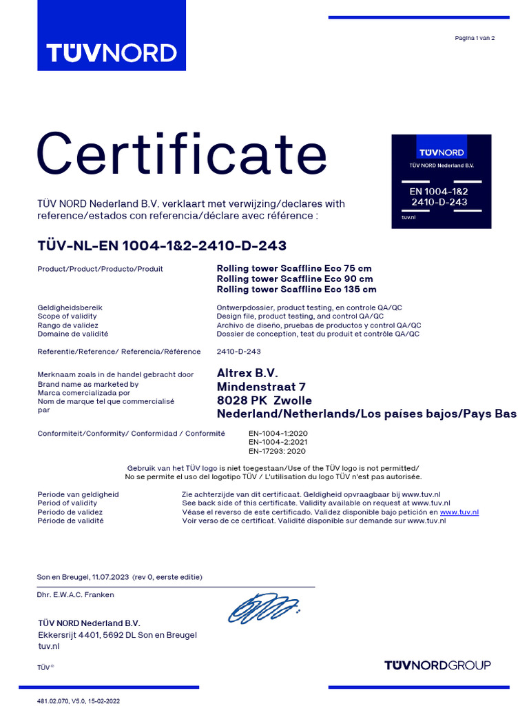 Certificado TUV SCAFLINE | PDF
