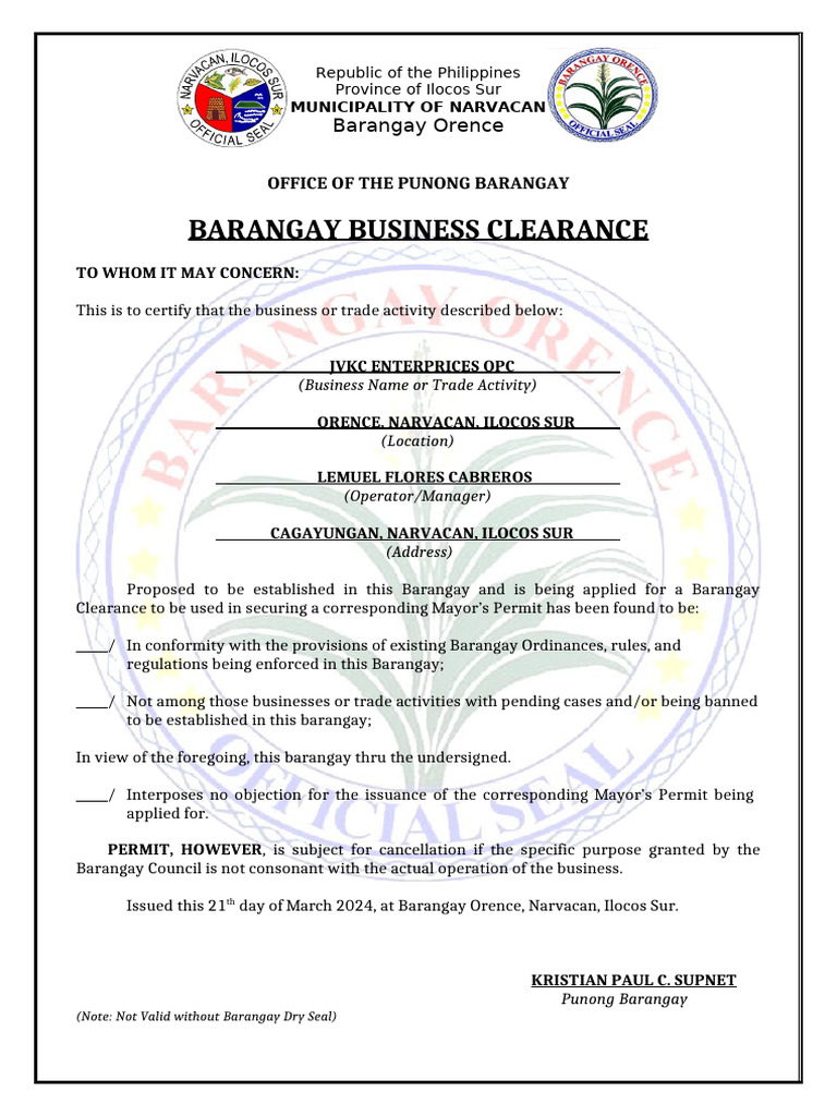 Barangay Business Permit Template | PDF