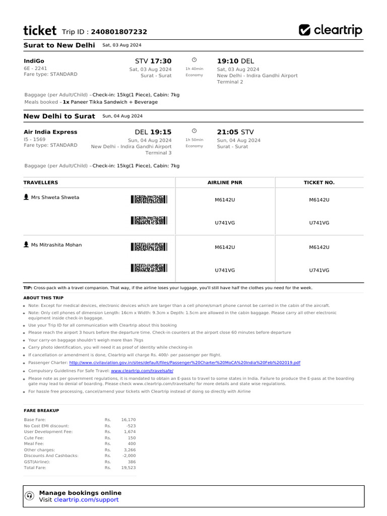 Cleartrip Flight Domestic E-Ticket | PDF | Baggage | Transport