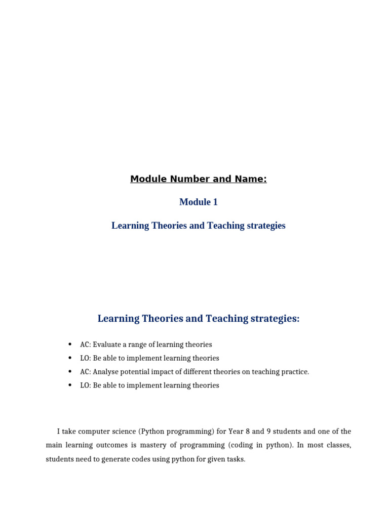 Task1 (A) - Learning Theories and Teaching Strategies - Module1 | PDF | Constructivism ...