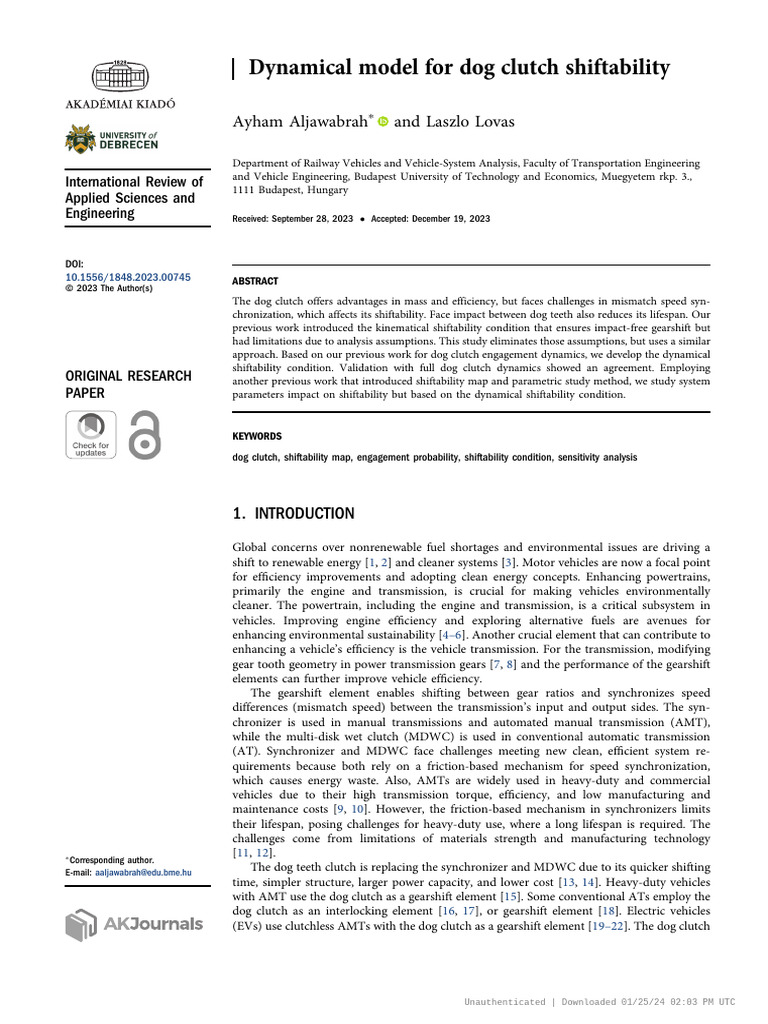 Dynamical Model for Dog Clutch Shiftability | PDF | Manual Transmission ...