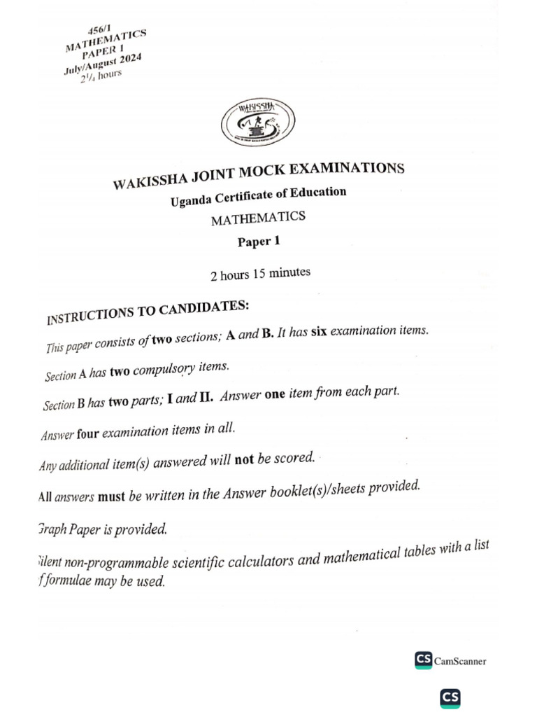 Wakissha Joint Mocks Examinations Uce 4561 Mathematics Past Paper 2024 ...