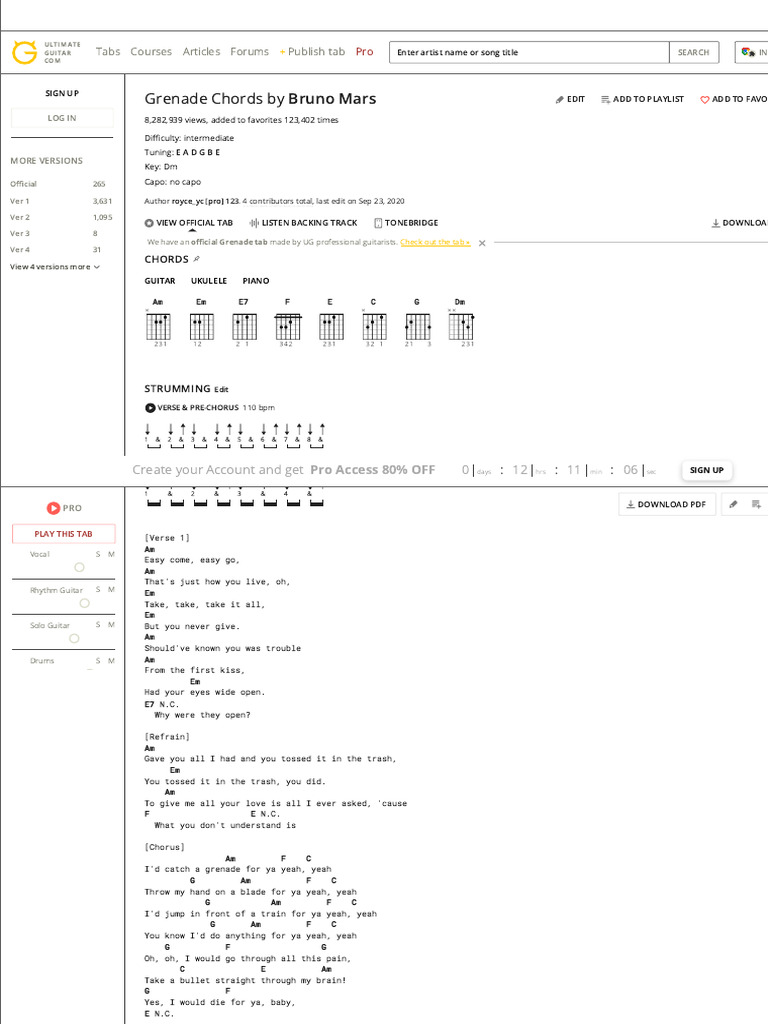 GRENADE CHORDS by Bruno Mars @ | PDF | Song Structure | Songs