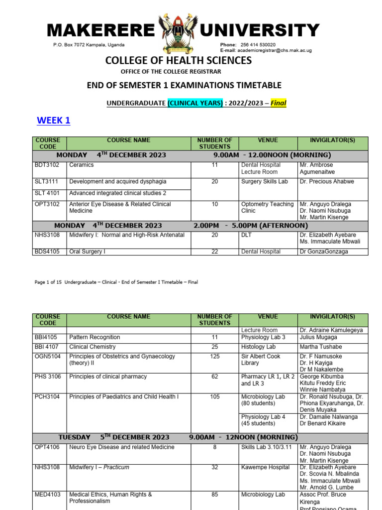 Undergraduate - Clinical Years - End of Semester I Exam Timetable - Final | PDF | Pathology ...