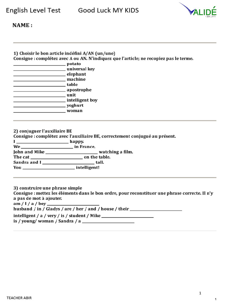 English Level Test for Kids | PDF