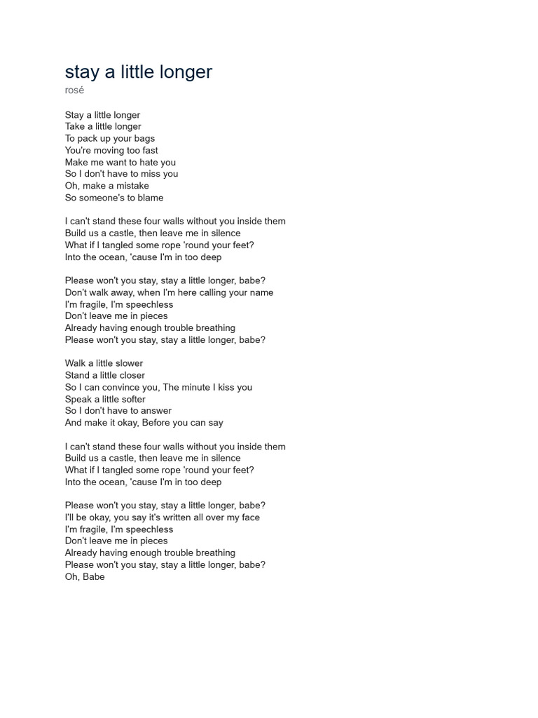 Stay a Little Longer - Rosé Lyrics | PDF