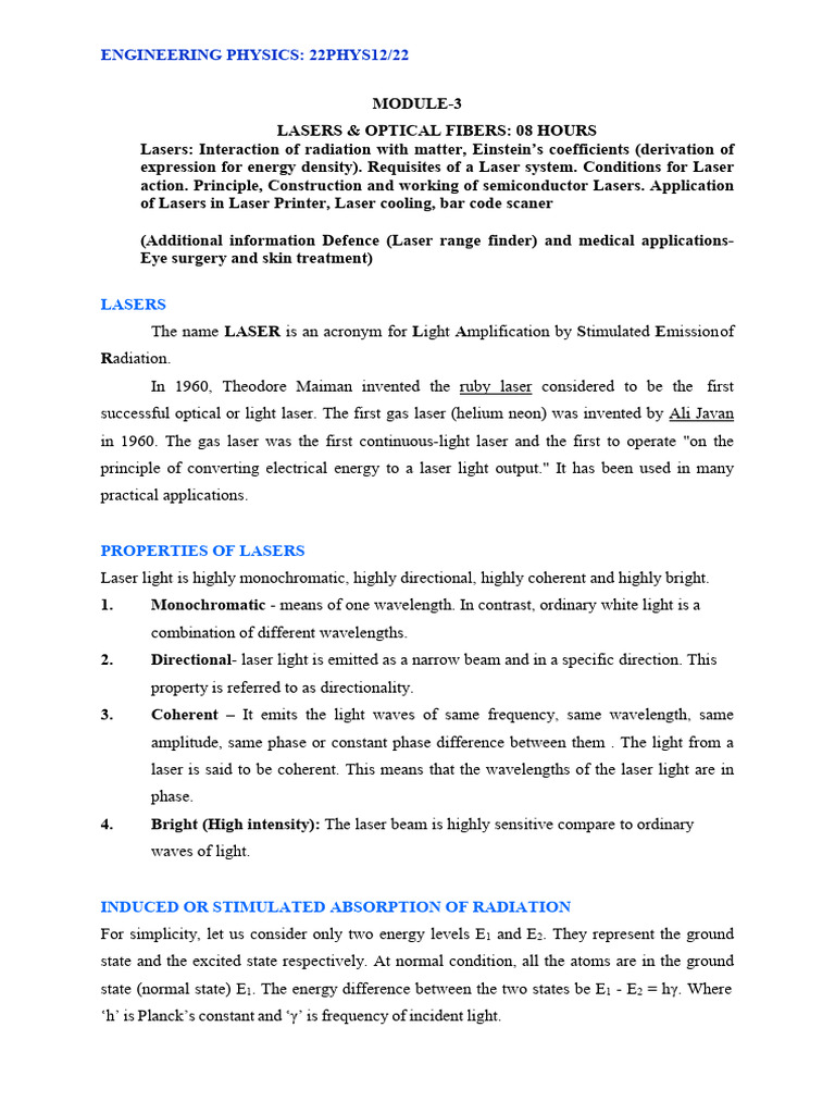 Laser Main Notes 2022 23 - 221216 - 170858 | PDF | Laser | Photon