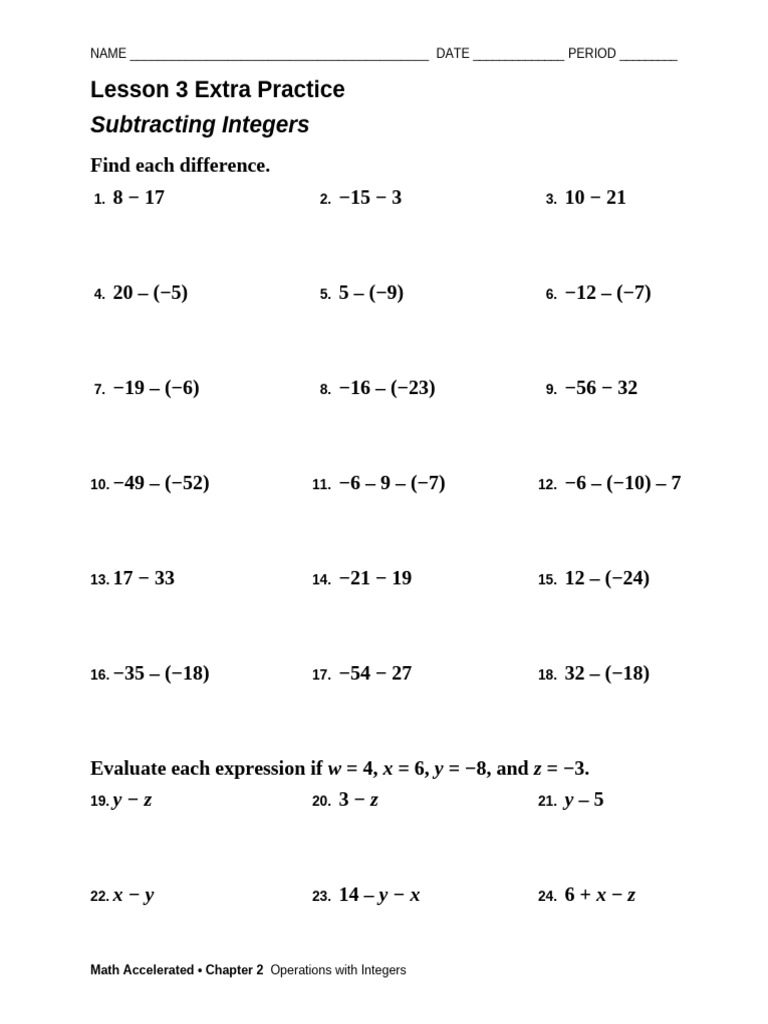 Lesson 3 Extra Practice Subtracting Integers | PDF