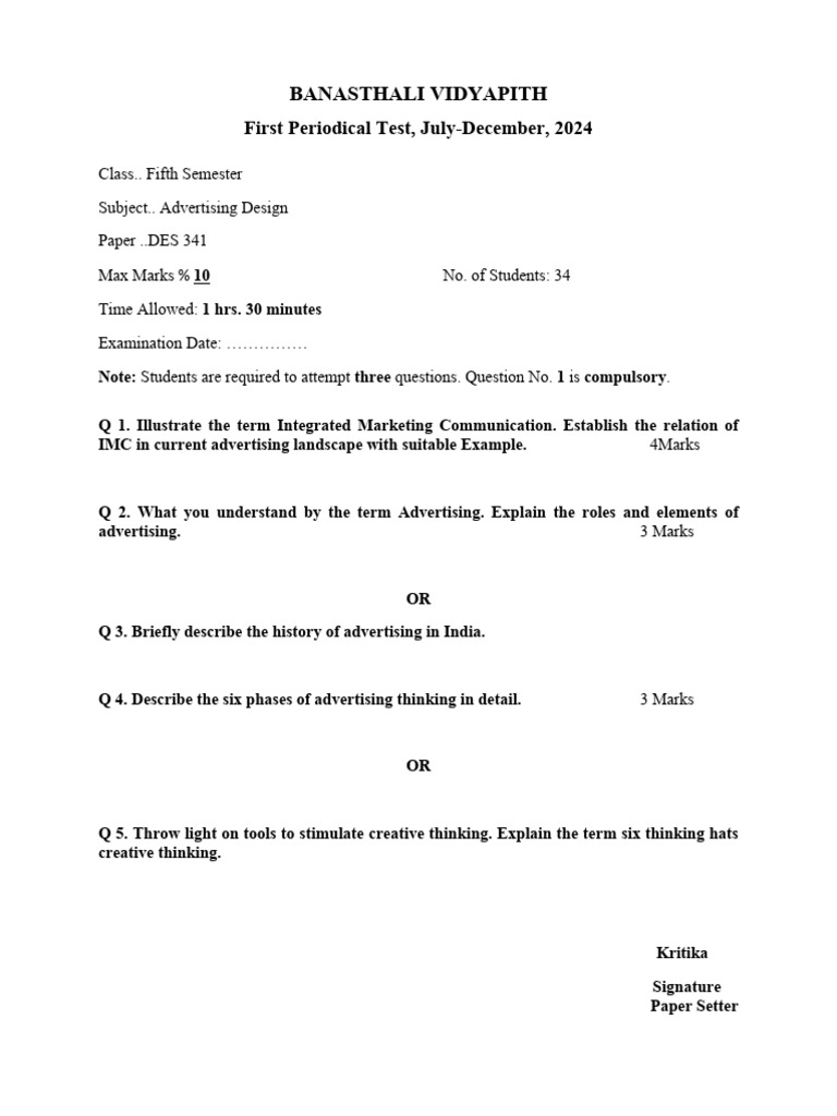 Advertising Design Test Paper 2024 | PDF