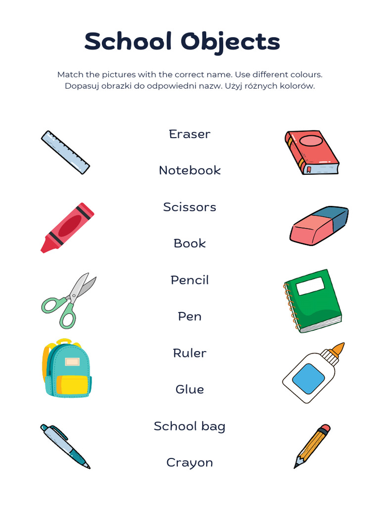School objects vocabulary matching worksheet | PDF