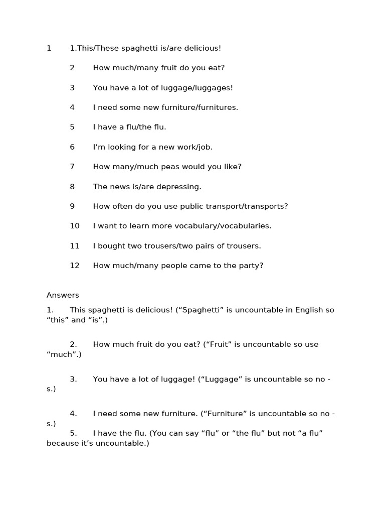 Countable Uncountable Nouns Activity | PDF