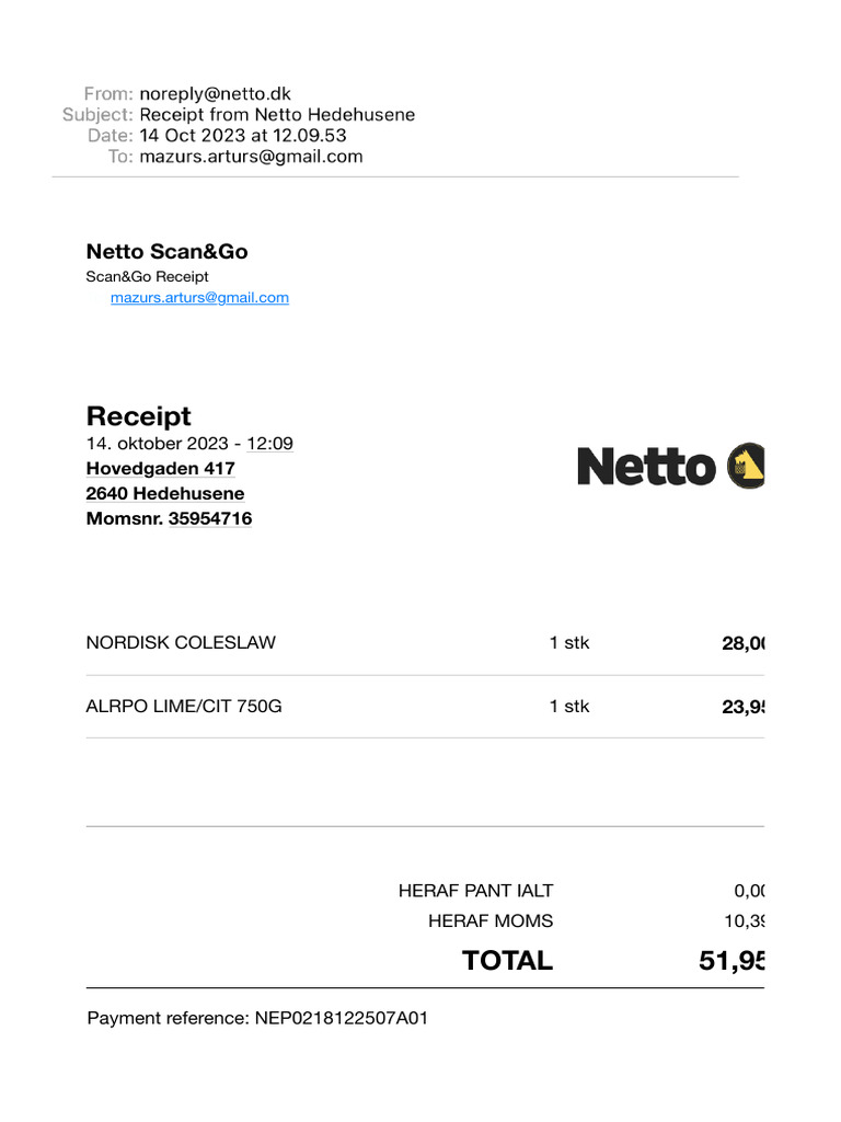 Receipt from Netto Hedehusene | PDF