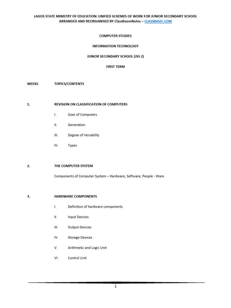 JSS 2 Computer Studies Curriculum | PDF