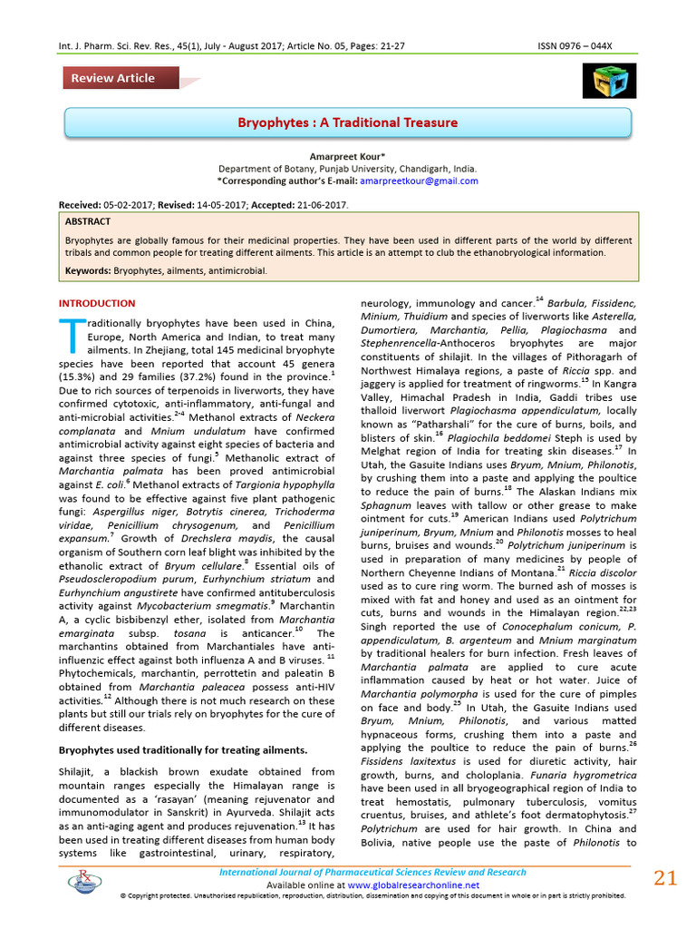Bryophytes - A Traditional Treasure | PDF | Wound | Medical Specialties