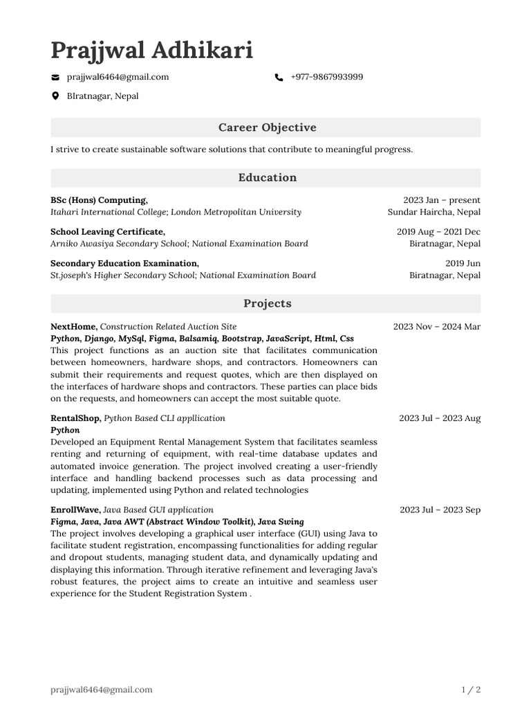 Prajjwal Adhikari FlowCV Resume 20240602 | PDF | Model–View–Controller | Java (Programming Language)