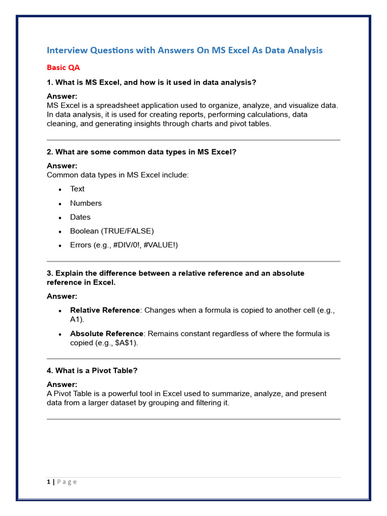 MS Excel Interview Guide From Basics to Advanced Mastery 1736152945 | PDF | Microsoft Excel ...