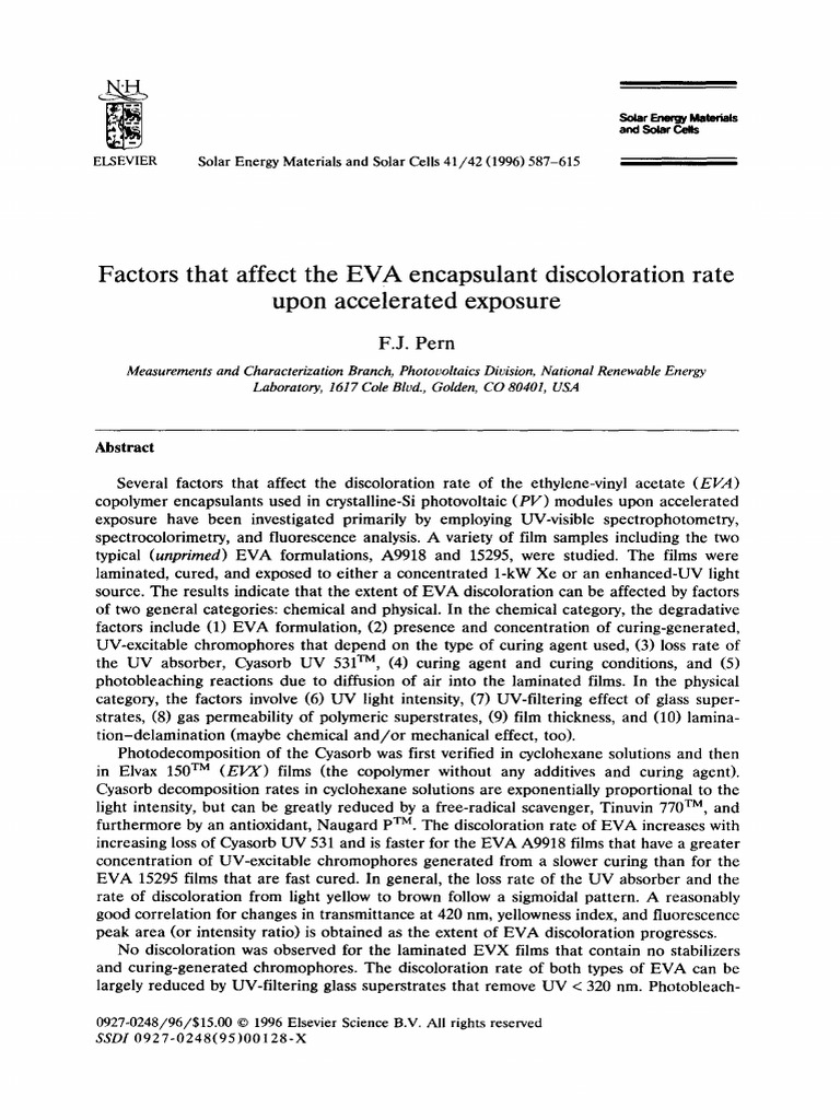 Pern1997 - Factors That Affect The EVA Encapsulant Discoloration Rate Upon Accelerated Exposure ...