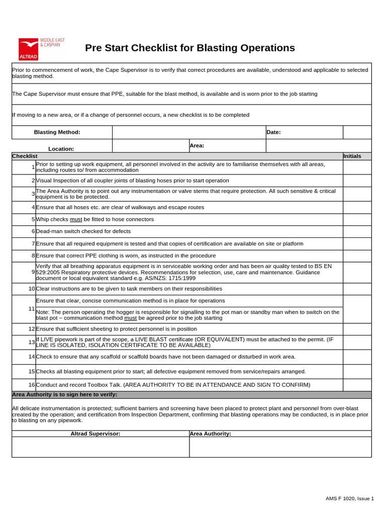 AMS F 1020 Pre Start Checklist For Blasting Operations | PDF | Personal ...