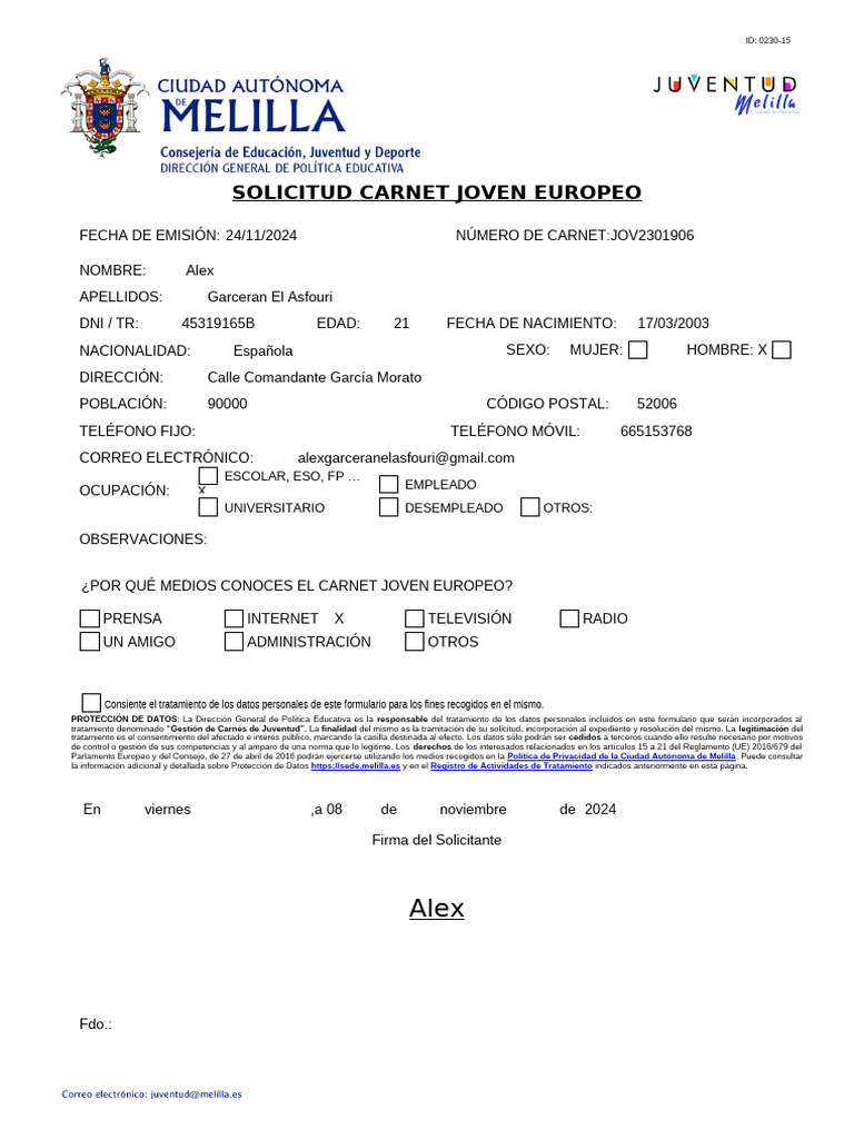 Solicitud Carnet Joven Europeo: Escolar, Eso, FP X Empleado Universitario Desempleado Otros ...